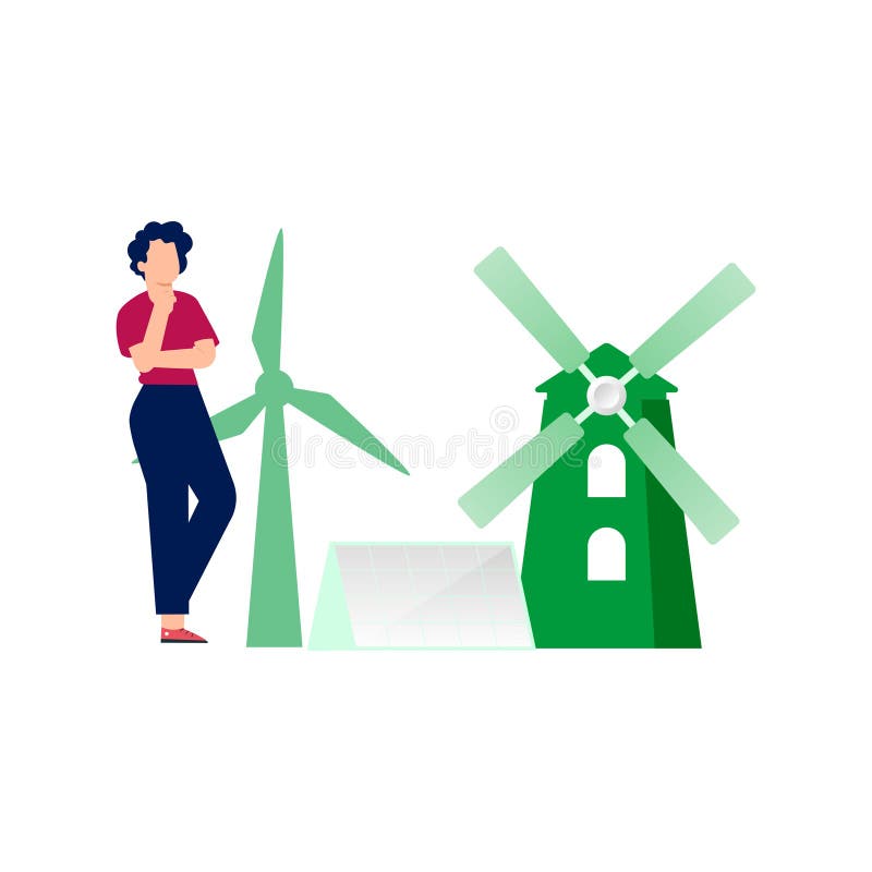 A Boy is Thinking about Wind Mill Stock Illustration - Illustration of ...