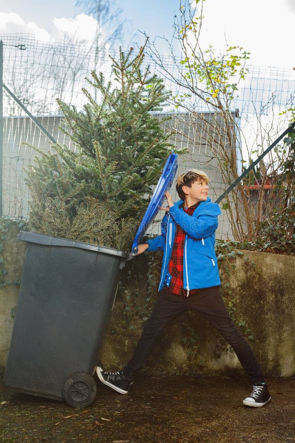 Boy Throw Christmas Tree in the Garbage Bin Roll Trash Container Stock ...