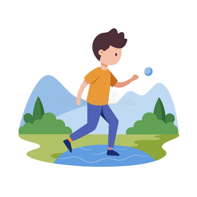 Boy Throwing a Ball in a Park with Mountains Backdrop Cartoon Stock ...