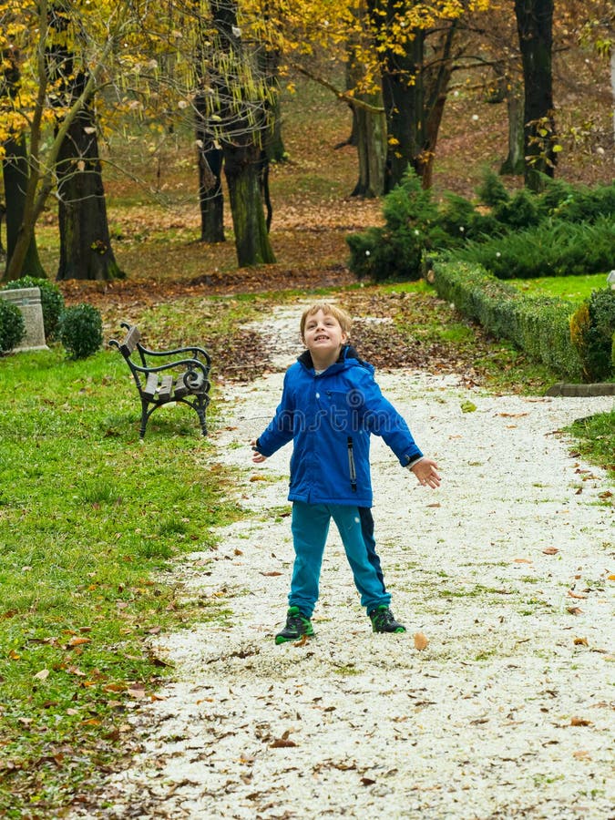 Boy throwing pebbles stock image. Image of enjoying, autumn - 81324699