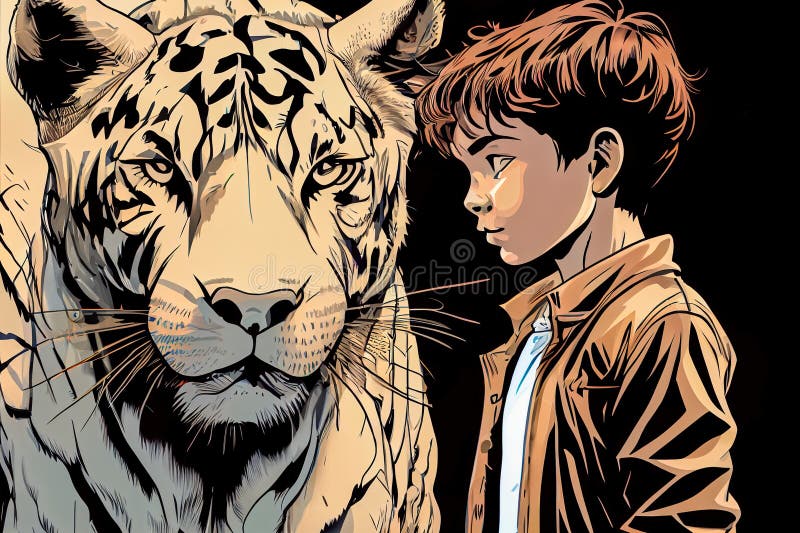 Boy and Tiger Cartoon. Generative AI Stock Illustration - Illustration ...