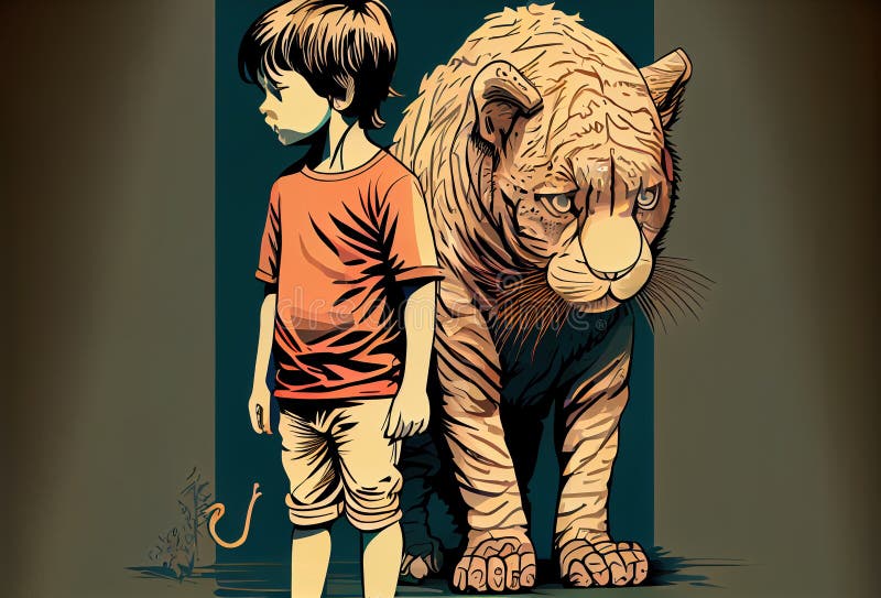 Boy and Tiger Cartoon. Generative AI Stock Illustration - Illustration ...