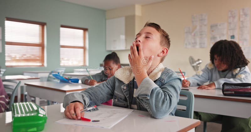 Boy, Tired and Classroom for Lesson and Student, Bored and Sleep in ...