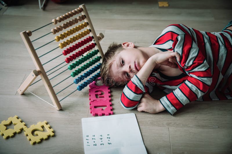 Boy Tired Stressed of Doing Homework at Home Stock Photo - Image of ...