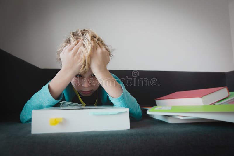 Boy Tired Stressed of Reading, Doing Homework Stock Image - Image of ...