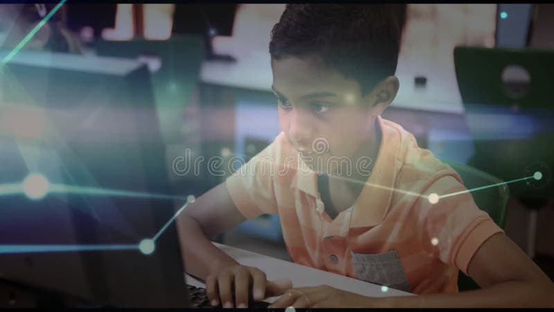 Boy Touching Keyboard and Typing in Lab, Initiating Animated Network ...