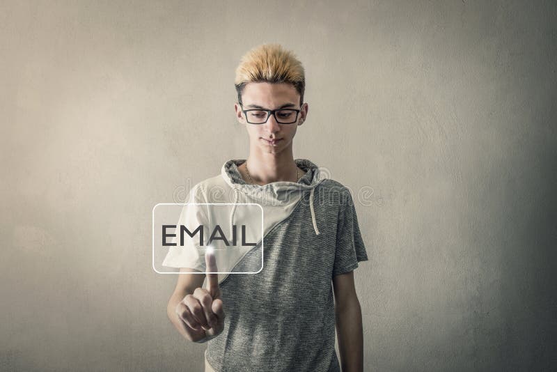 Boy Touching Virtual Screen Email Key Stock Image - Image of submit ...