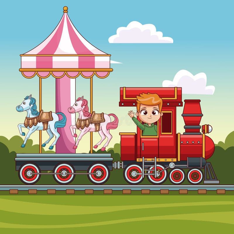 Boy in Train with Carrousel Stock Vector - Illustration of ride, travel ...