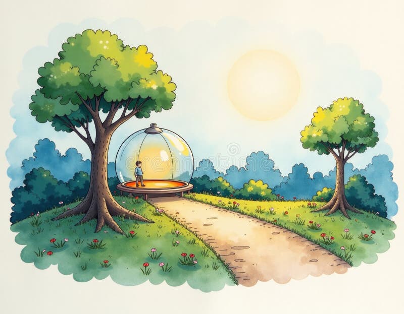 Boy in Transparent Dome, Peaceful Park Path, Sunny Day Illustration ...