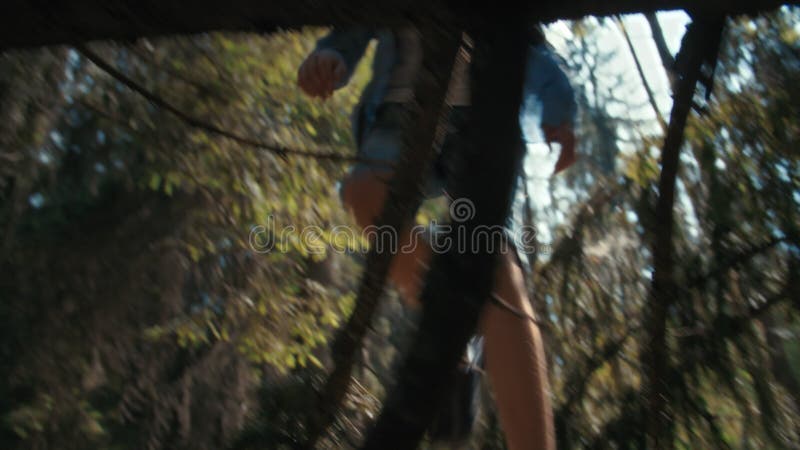Funny Boy Walking in the Forest, Climbs Over the Lying Tree, Rack Focus ...