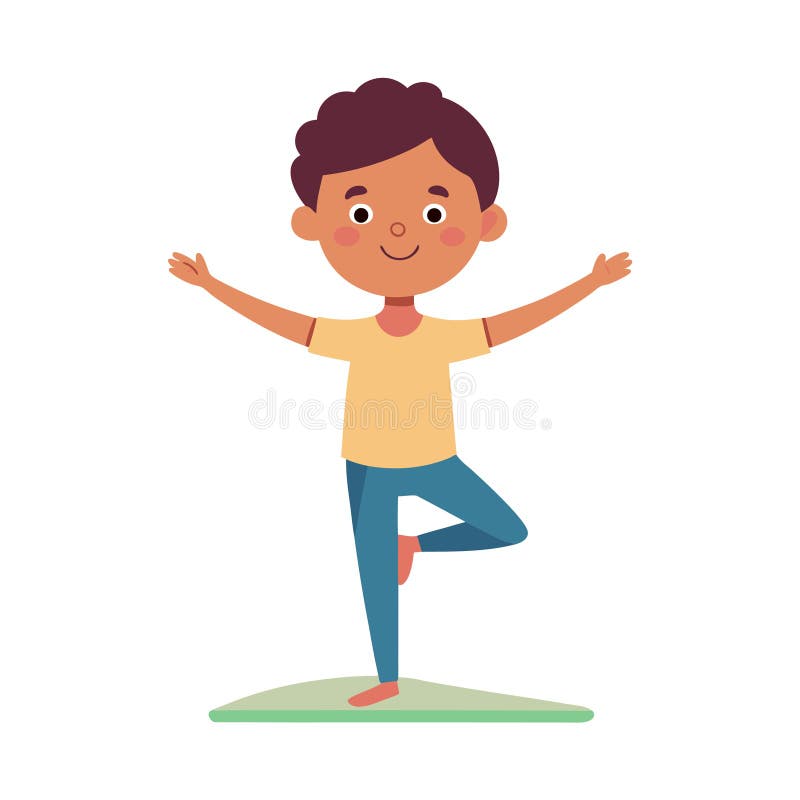 Boy in Tree Pose Illustration: Cute Kid Doing Yoga on Mat Stock ...