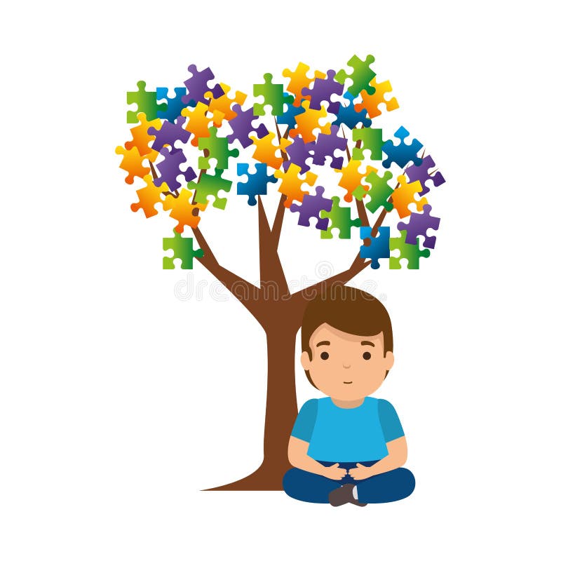 Boy with Tree Puzzle Attached Stock Illustration - Illustration of ...