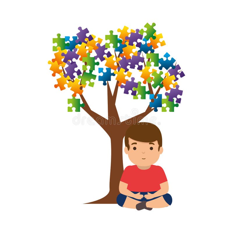 Boy with Tree Puzzle Attached Stock Illustration - Illustration of ...