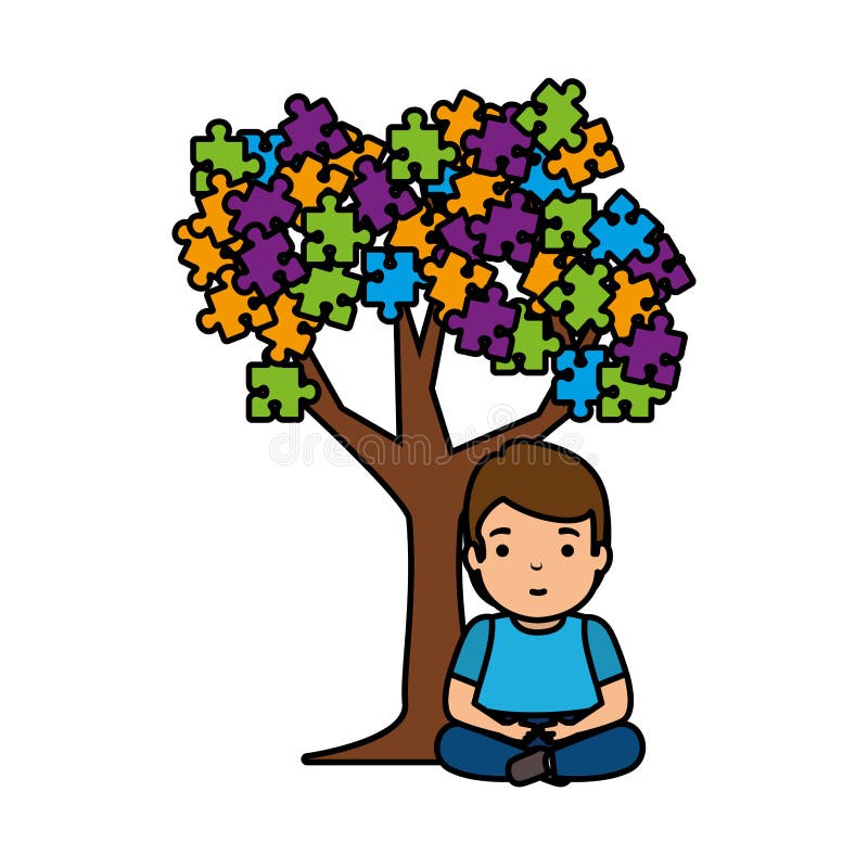 Boy with Tree Puzzle Attached Stock Illustration - Illustration of ...