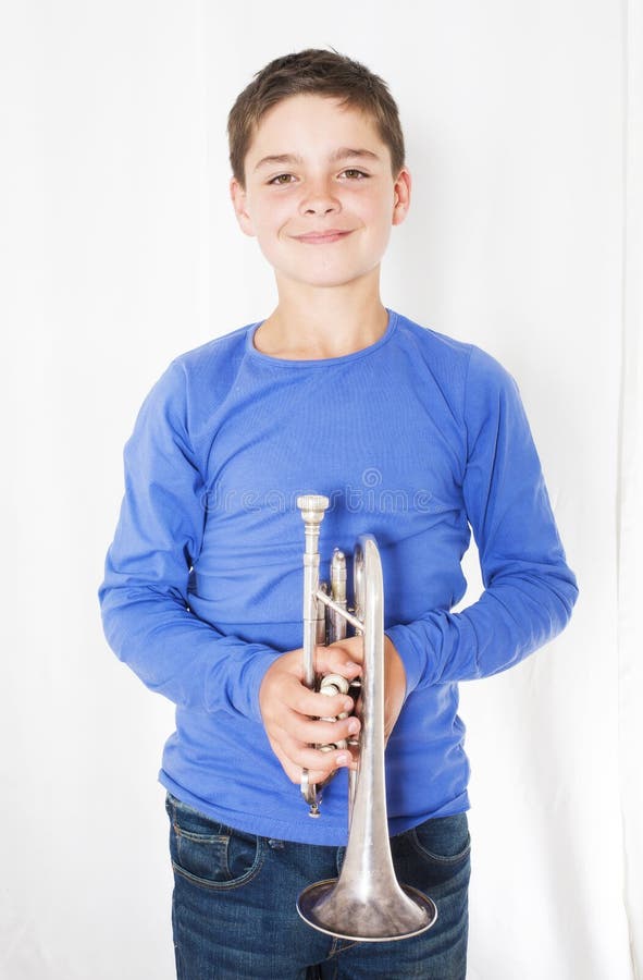 Boy with trumpet stock image. Image of child, musician - 42100609