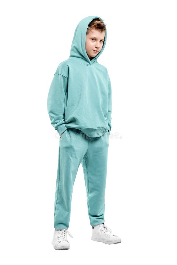 Boy in Turquoise Blue Tracksuit Isolated on White Background Stock ...