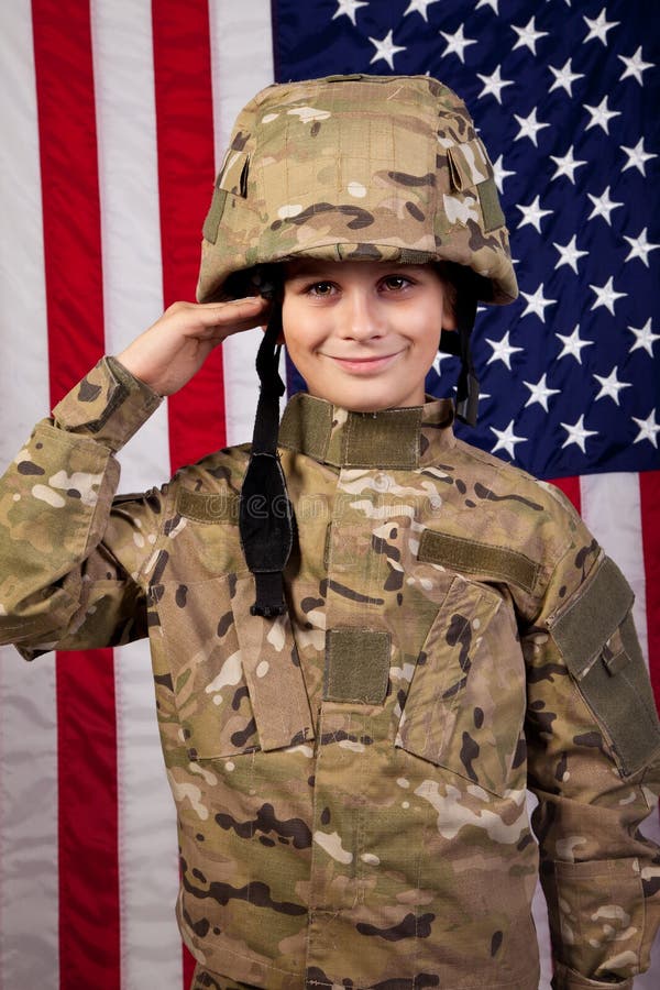Boy USA Soldier Saluting in Front of American Flag. Stock Photo - Image ...