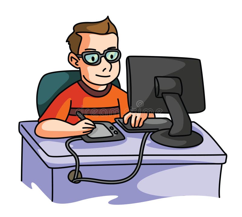 Boy Using Computer Color Illustration Design Stock Vector ...