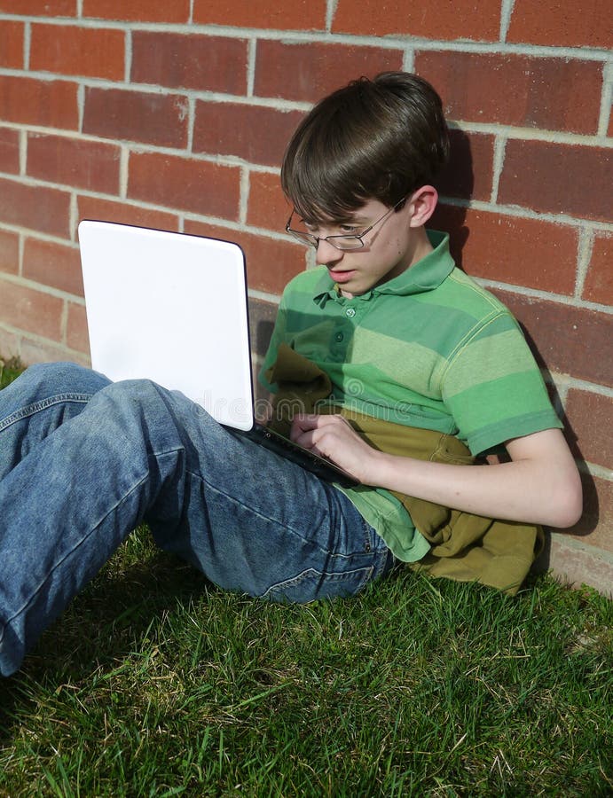 Boy Using Computer Outside School Stock Photo - Image of work, potato ...