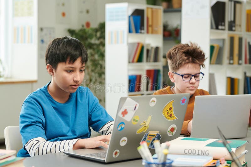 Boy Using Laptop in Computer Class Stock Photo - Image of technology ...