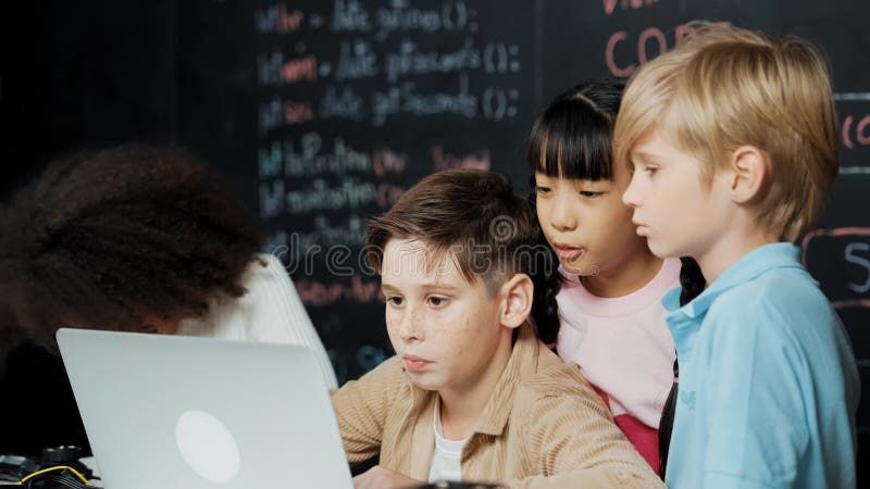Boy Using Laptop Programing Engineering Code and Writing Program ...