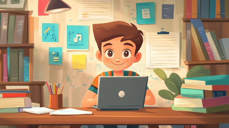 Boy Using Laptop in Study Illustration Stock Photo - Image of school ...