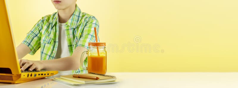 Boy Using Laptop, Studying Online at Home, Looking at Pc Screen with ...