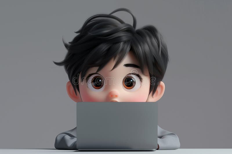 Boy Using Laptop. Young Child with Large Eyes on Computer, Front View ...
