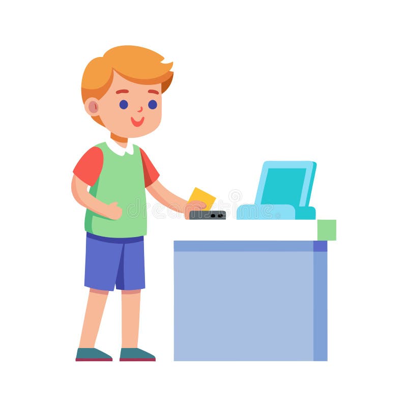 Boy Using Library Self-Checkout Station: Cartoon Vector Illustration ...