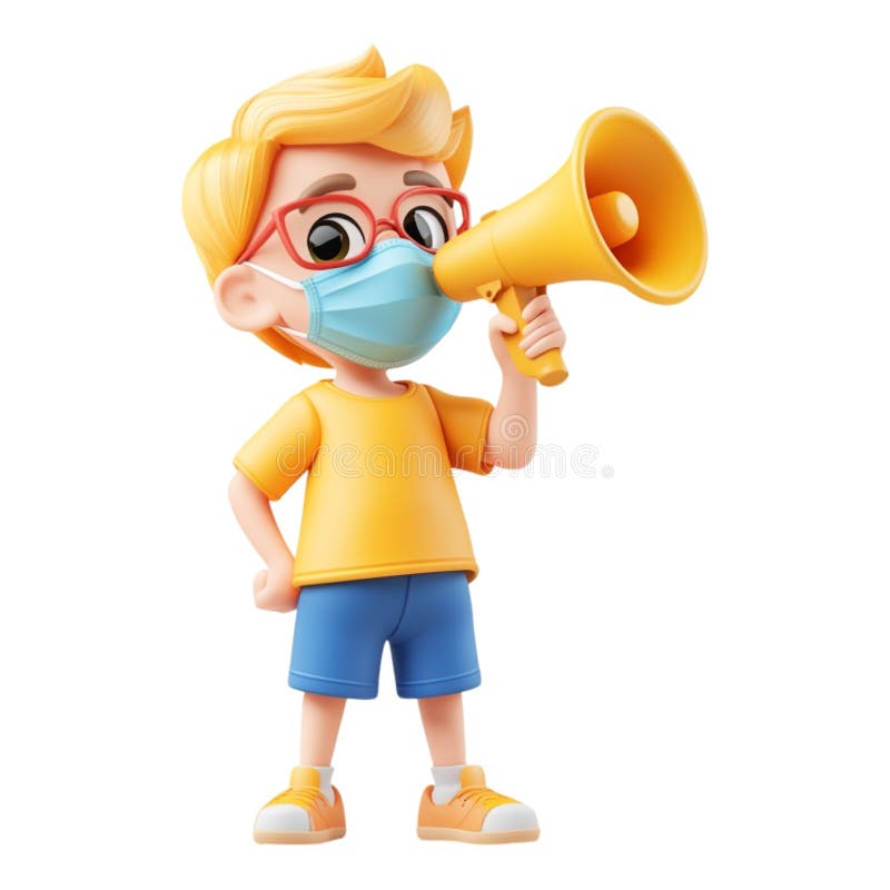 Boy Using a Megaphone Wearing a Mask Against Transparent Background for ...