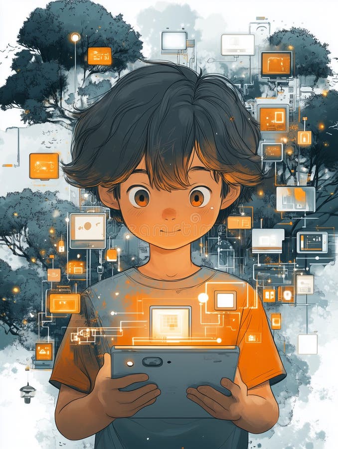 Boy Using Tablet Amidst Digital Interface and Nature Illustration Stock ...