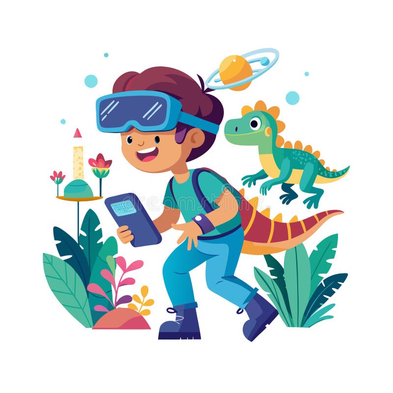 Boy with VR Goggles Exploring Augmented Reality with Dinosaur and ...