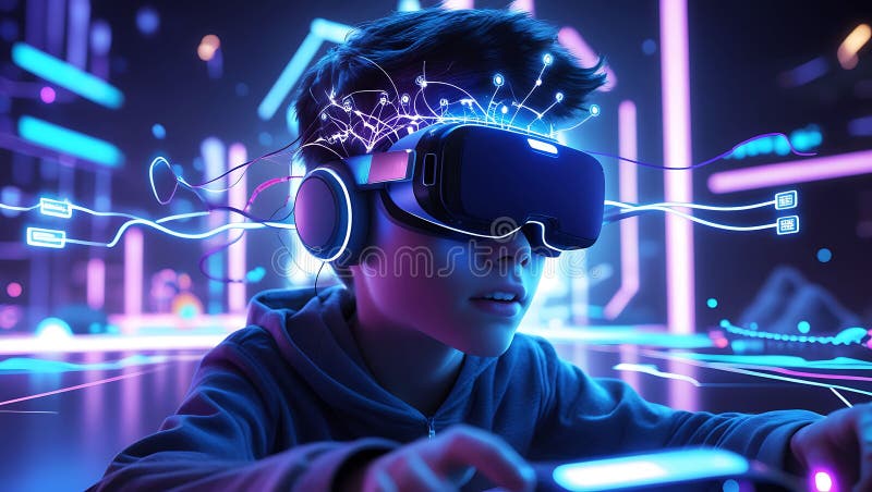 Boy Immersed in Virtual Reality with Vr Headset and Glowing Neon Lights ...