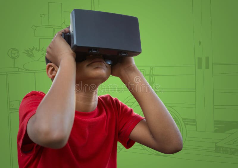 Boy in Virtual Reality Headset Against Green Hand Drawn Office Stock ...