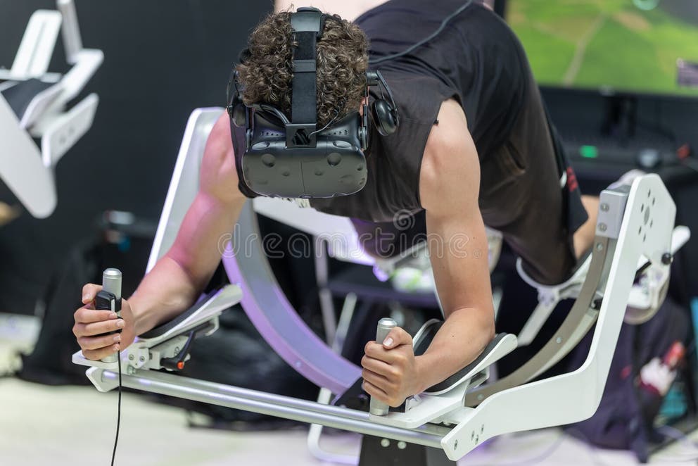 Boy with Virtual Reality Visor Facing Immersive Experience with Floating Body Gear Stock Photo ...