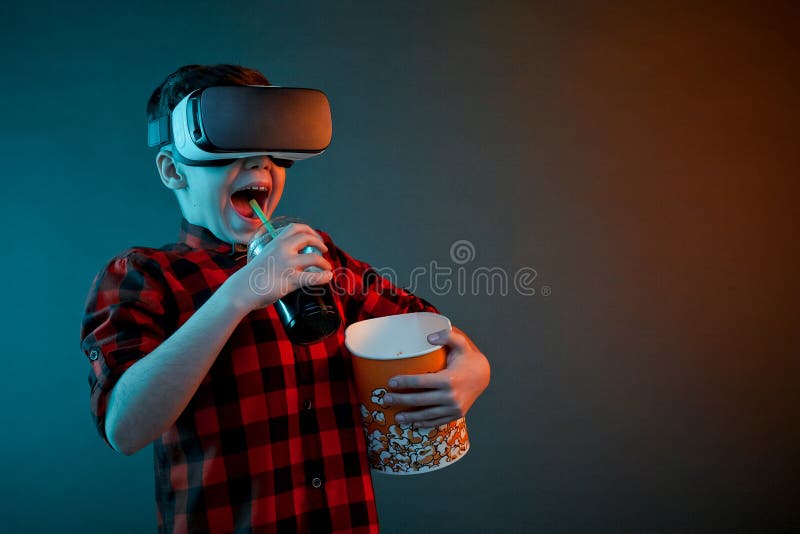 Boy in VR Headset Eating Popcorn Stock Image - Image of leisure ...