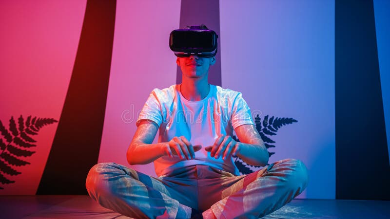 Boy with a VR Headset, Making Hand Gestures, Typing, Scrolling Stock ...
