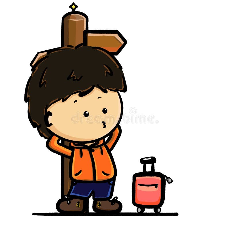 Cartoon Boy Standing and Waiting Illustration, Travel and Waiting ...
