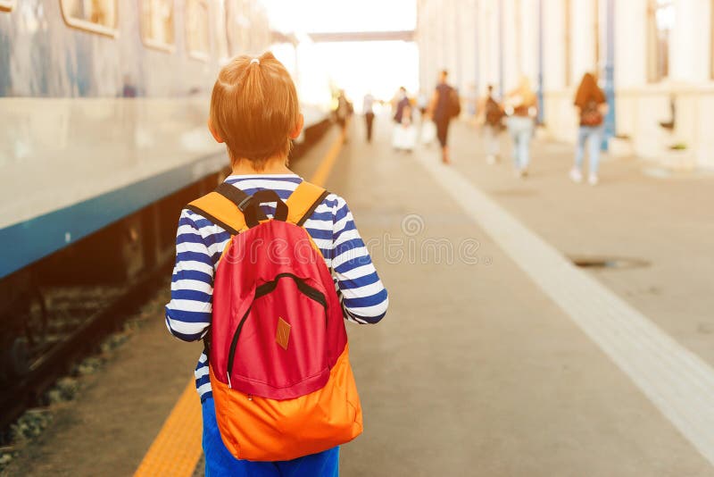 Boy Waiting for Express Train on Railway Station Platform. Kid with ...
