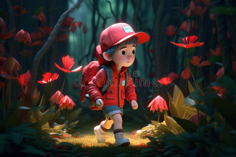 A Boy Walking in a Forest, Cartoon Style , AI Generated Stock ...