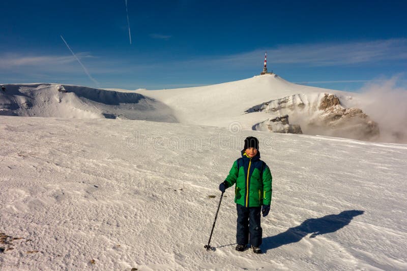 Boy with Walking Pole on a Mountain Path in Winter Stock Image - Image ...