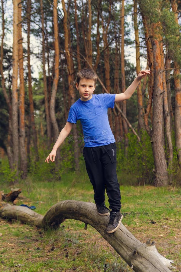 Boy Walks on a Log and Learns To Keep Balance Stock Photo - Image of ...