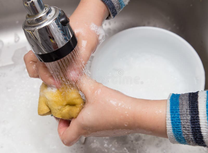 Boy Washing Dishes in the Kitchen Stock Image - Image of hand, utensils ...