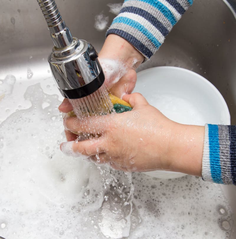 Boy Washing Dishes in the Kitchen Stock Image - Image of housework ...
