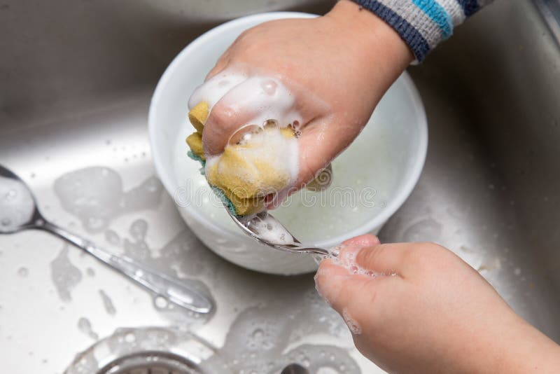 Boy Washing Dishes in the Kitchen Stock Image - Image of household ...