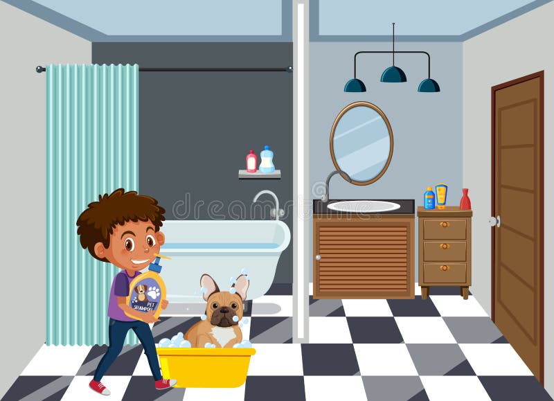 A Boy Washing His Dog in the Bathroom Stock Vector - Illustration of ...