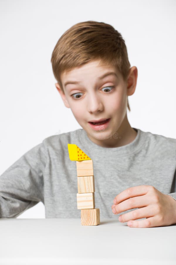 Boy Watching House Made of Wooden Blocks Fall Stock Photo - Image of ...
