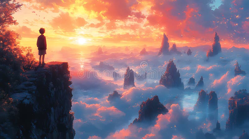 Boy Watching Sunrise Over Misty Fantasy Landscape Stock Illustration ...