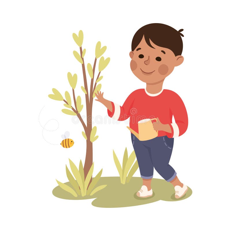Boy Watering Tree Sapling, Save the World, Ecology Concept Cartoon ...