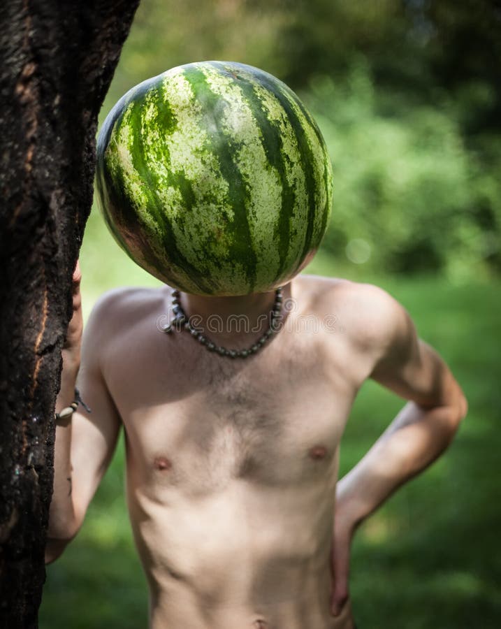 Boy with a Watermelon instead of Head Stock Photo - Image of relaxation ...